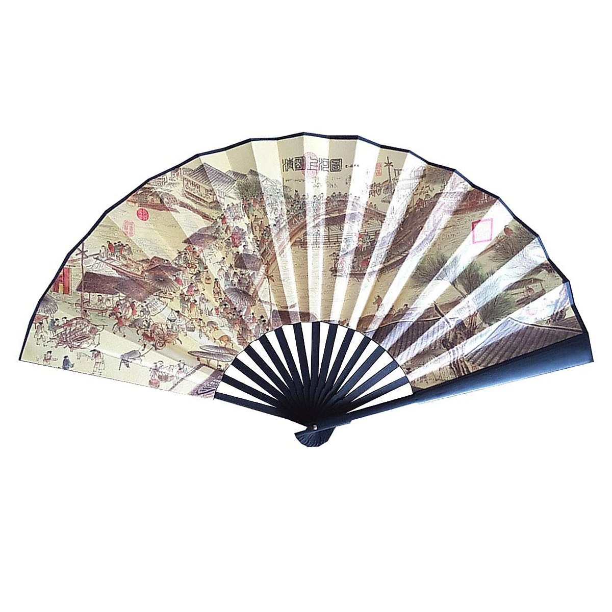 Classic Folding Fan,Bamboo Fan Rib&Printing Cloth of 12+ Pattern Options,13in,折扇 (Pattern 5-Riverside Scene at Qingming Festival(清明上河图))