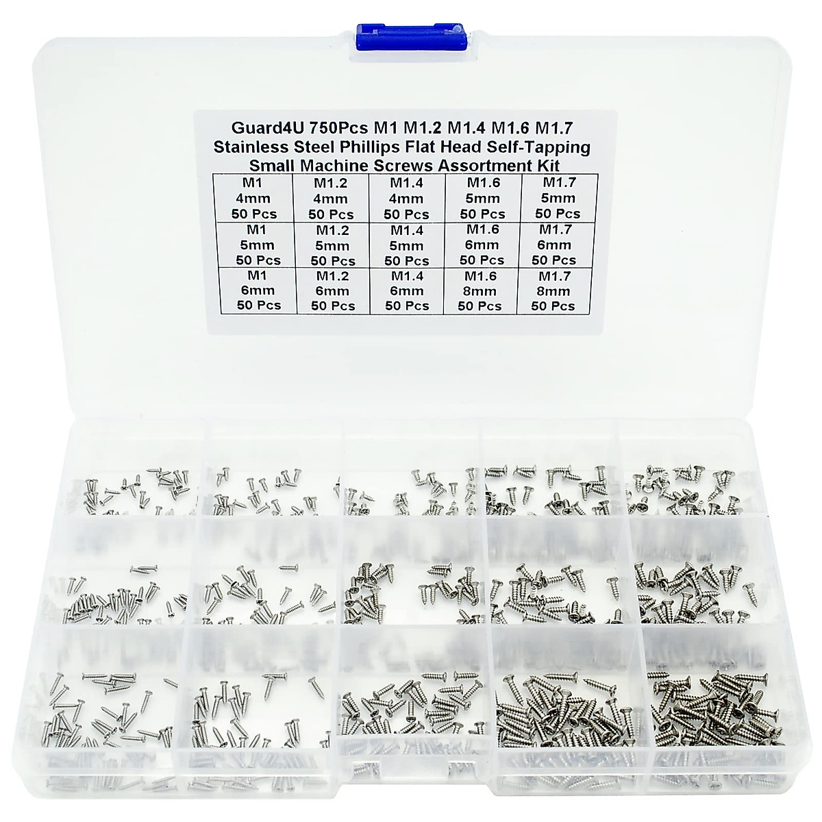 Guard4U 750Pcs 15-Size Metric M1 M1.2 M1.4 M1.6 M1.7 304-Stainless Steel Phillips Countersunk/Flat Head Self-Tapping Small Machine Screws Assortment Kit