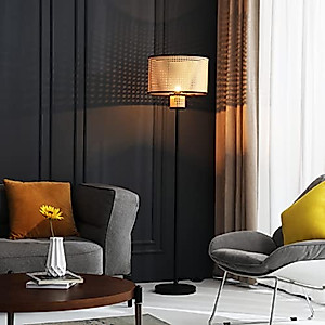 VidaLite Nakuv - Modern Bohemian Floor Lamp with 2 Tier PVC Rattan Shade and Velvet Stiched Rim for Foyer, Kitchen Living Room, Bedroom, Beige