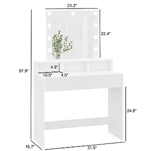 Reettic Vanity Table with Lighted Mirror, Makeup Vanity Desk Set with 2 Storage Drawers, Wooden Bedroom Dressing Table, 9 Lights & Adjustable Brightness, for Women, Mother, Wife, White RSZT101W