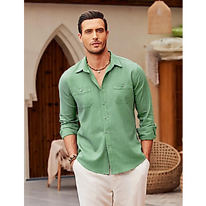 COOFANDY Men's Linen Shirt Long Sleeve Two Pockets Plain Lightweight Shirts