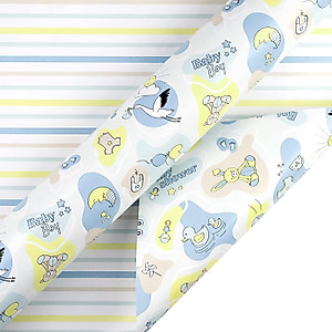 WRAPAHOLIC Reversible Wrapping Paper - 24 inch X 65.6 feet Jumbo Roll Baby Boy Design, Perfect for Kids Birthday, Party, Holiday, Baby Shower Packing