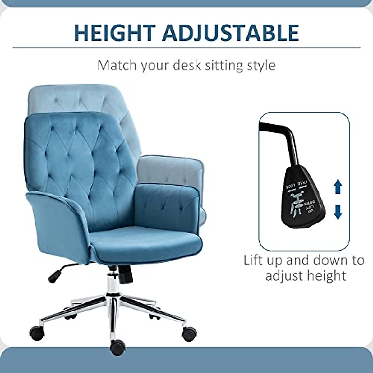 Vinsetto Modern Mid-Back Tufted Velvet Home Office Desk Chair with Adjustable Height, Swivel Adjustable Task Chair with Padded Armrests, Blue