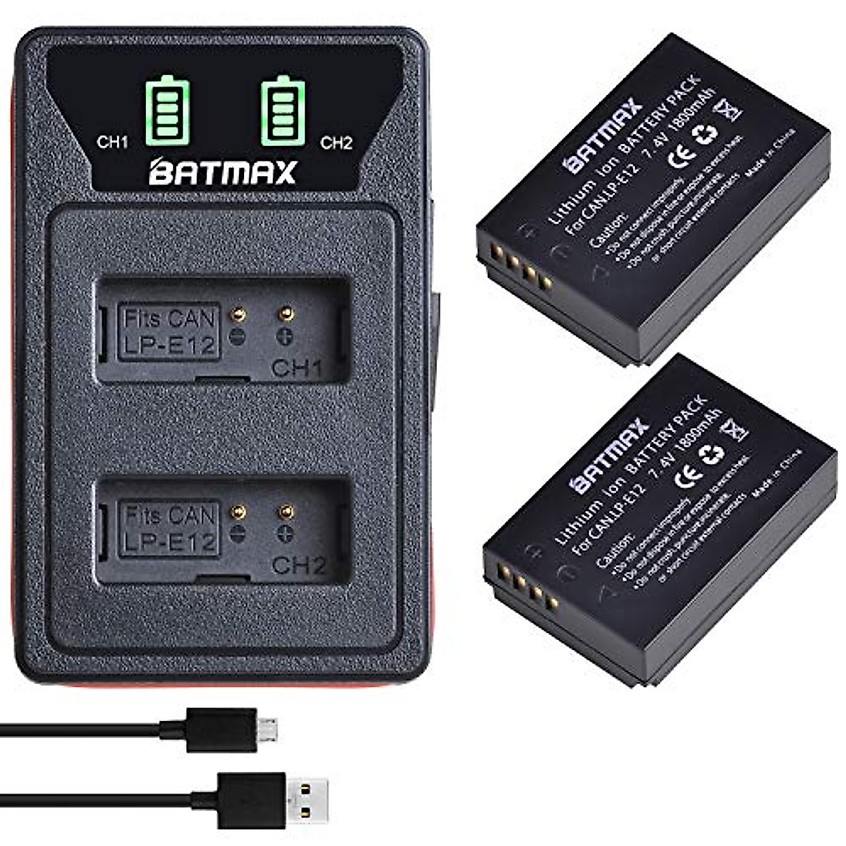 Batmax 2Packs LP-E12 LP E12 Battery (1800mAh) + LED Dual Bulit-in USB Charger for Canon EOS M, EOS M2, EOS M10, EOS M50, EOS M100, M200, SX70 HS, Rebel SL1 Mirrorless Digital Camera