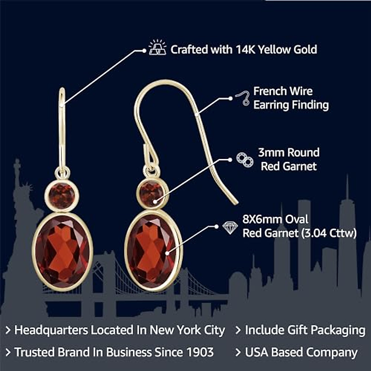 Gem Stone King 14K Yellow Gold Red Garnet Hook French Fish Ear Wire Dangle Earrings For Women (3.04 Cttw, Gemstone January Birthstone, Oval 8X6MM, Round 3MM)