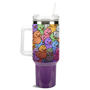100 North Rainbow Rubber Duck Cartoon Collage 40 oz. Stainless Steel, Large Water Bottle Coffee Mug, Spill & Leak Resistant, Thermal Travel Tumbler with Handle, Lid & Straw, White/Purple