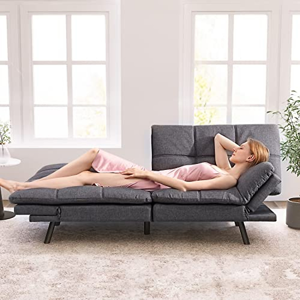 Hcore Convertible Futon Sofa Bed-Grey Fabric Memory Foam Loveseat,Small Euro Lounger Sofa for Compact Living Spaces,Apartment,Dorm,Studio,Guest Room,Home Office/Grye