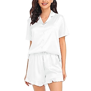 SWOMOG Womens Silk Satin Pajamas Set Two-piece Ruffle Sleepwear Loungewear Button-Down Pj Sets White