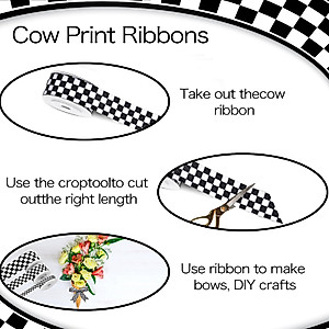 3 Rolls Black Grosgrain Ribbon White Checkered Printed Ribbon, Crafts Racing Car Theme Printed Checkered Ribbon, Plaid Buffalo Ribbon, for Racing Car Party DIY Wreath Decorations