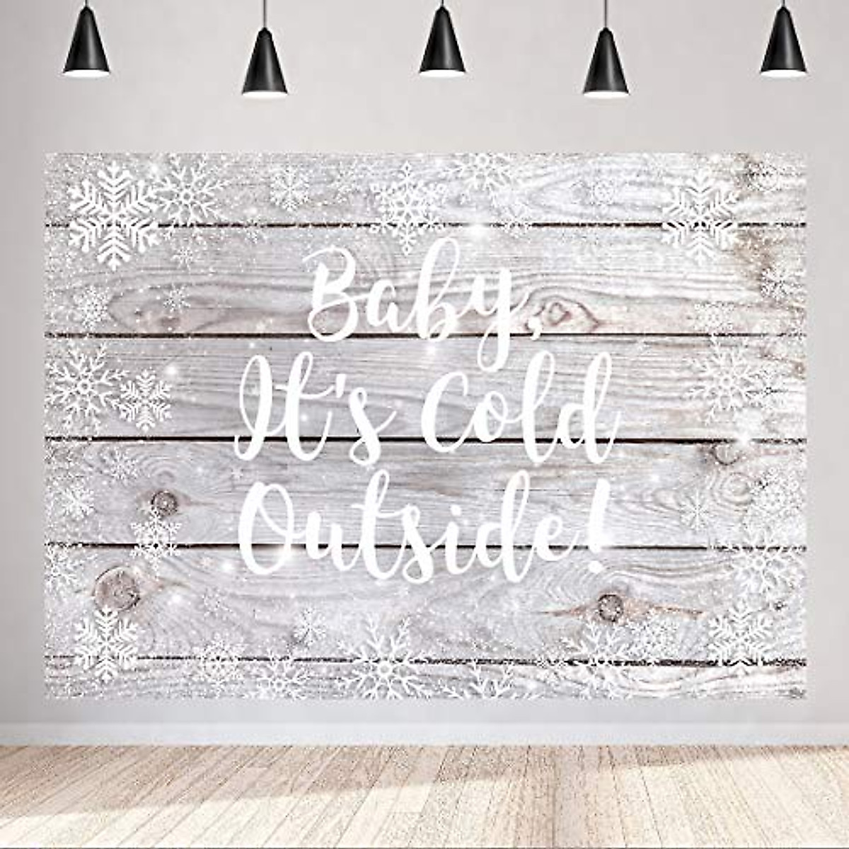 Aperturee 7x5ft Baby It's Cold Outside Winter Backdrop Snowflake Wonderland Birthday Party Festival Rustic Wood Wooden White Snowfall Background Christmas Xmas Baby Shower Home Decor Banner
