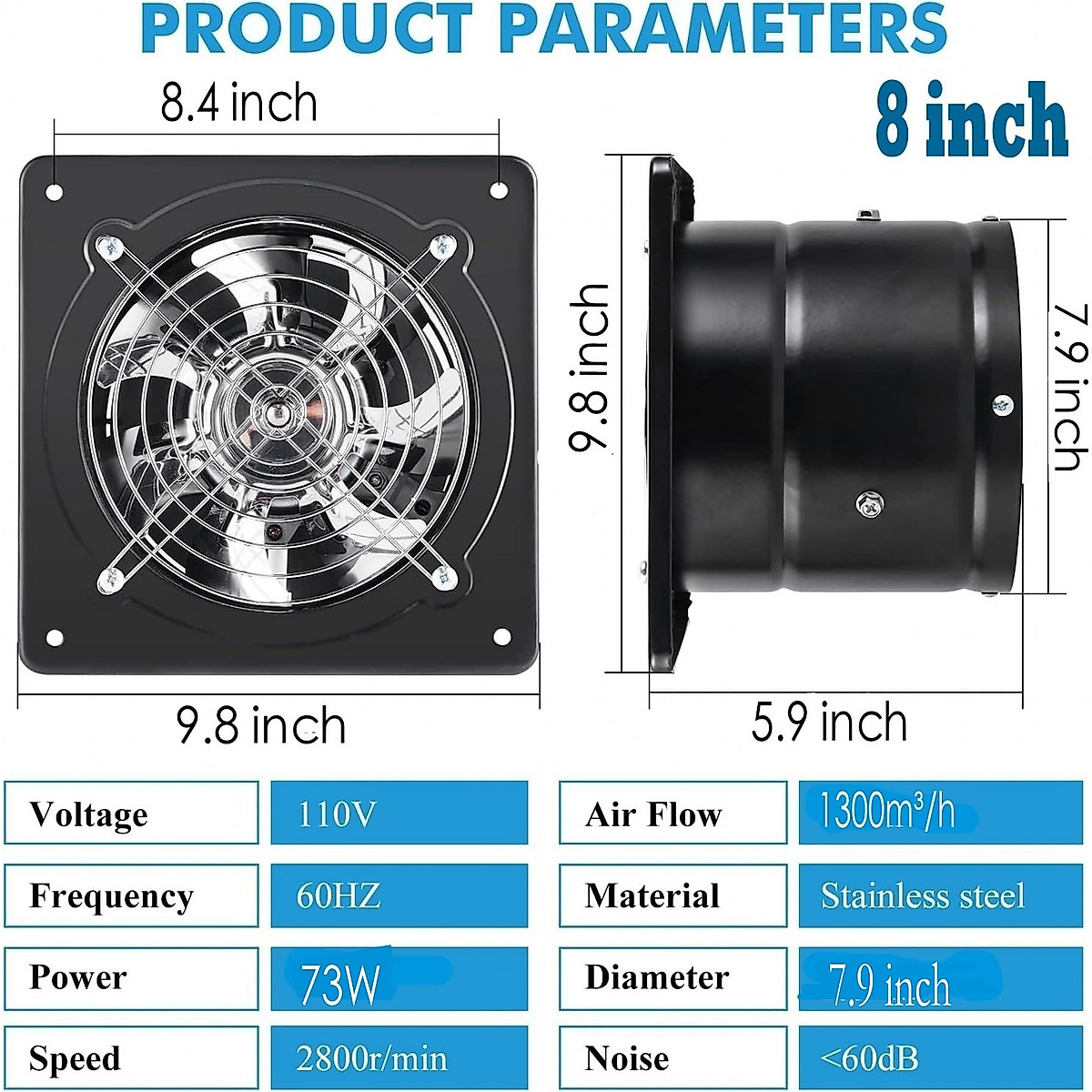 Aydomer Exhaust Fan 78W Through-wall installation Ventilation Fans 110V Exhaust Fan with Plug 8 inch Exhaust Smoke Fan with Light Weight Pure Copper Motor for Kitchen Bathroom (Black)