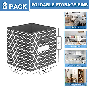 homyfort Foldable Storage Cube Bins 11x11 inches, Fabric Storage Bin Baskets Box Organizer with Labels and Dual Plastic Handles for Shelf Closet, Nursery, Set of 8 Grey