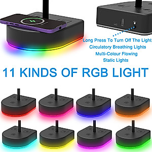 RGB Headphone Stand with Wireless Charger Desk Gaming Headset Holder Hanger Rack with 15W/10W/7.5W QI Charging and USB Port Suitable for Gamer Desktop Table Game Earphone Accessories