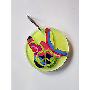 YELLOW FLOWER POWER PEACE AND LOVE 2IN ROUND ACRYLIC AND RESIN ZIPPER PULL BACKPACK CHARM HANDBAG CHARM PURSE CHARM - HANDMADE - FREE STANDARD SHIPPING