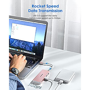 LENTION USB C Hub with 3 USB 3.0 & SD/Micro SD Card Reader Compatible 2022-2016 MacBook Pro, New Mac Air/iPad Pro/Surface, More, Stable Driver Certified Type C Adapter (CB-C15, Rose Gold)