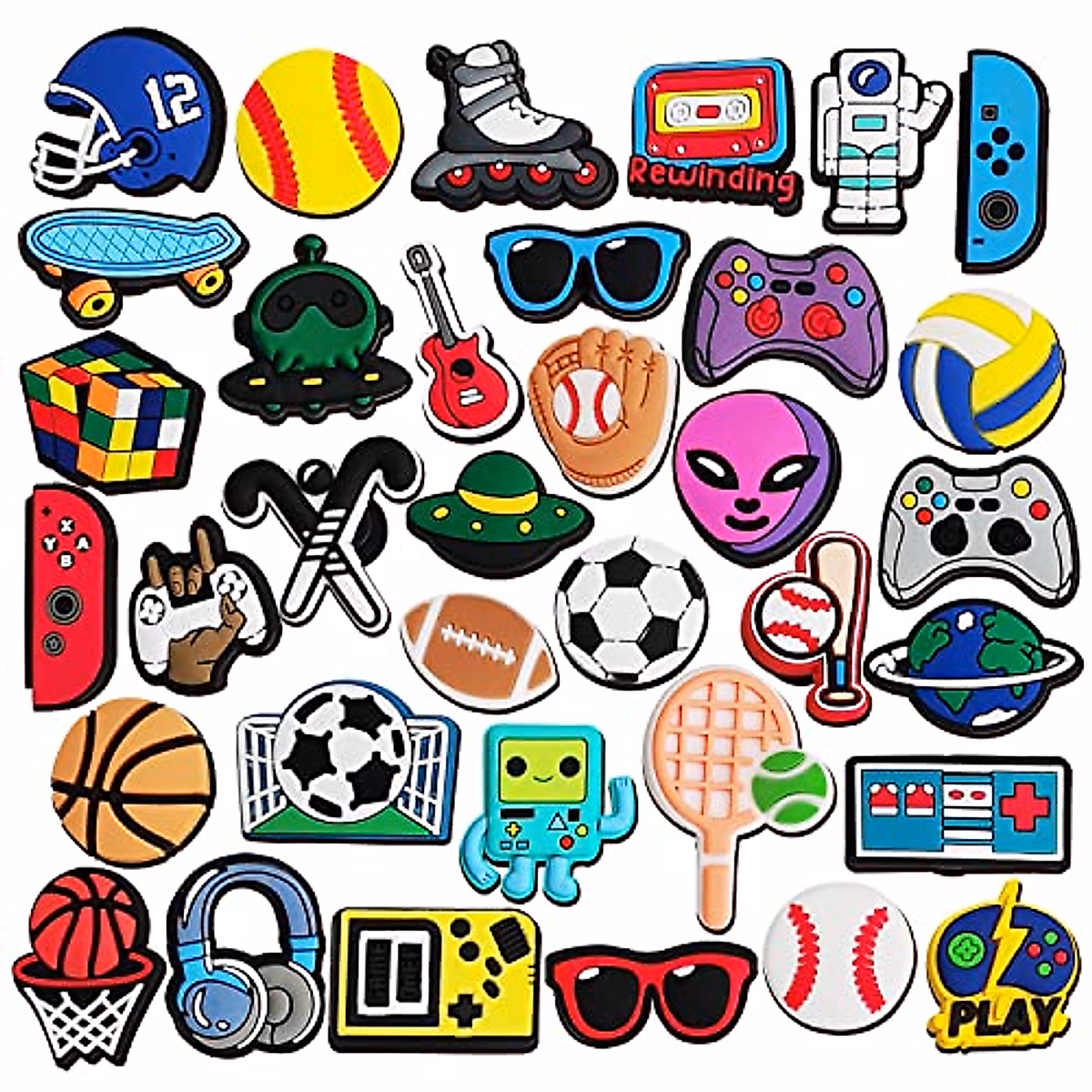 IOKUKI Croc Charms for Boys, 35 PCS Croc Charms for Teens, Basketball Football Soccer Volleyball Baseball Croc Charms, Video Game,Astronaut and Sports Croc Pins for Boys