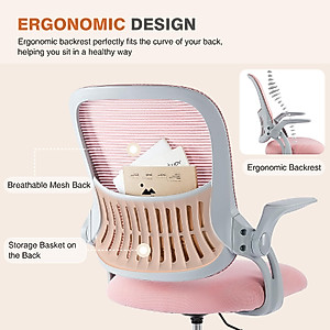 Sweetcrispy Office Computer Desk Chair, Ergonomic Mid-Back Mesh Rolling Work Swivel Task Chairs with Wheels, Comfortable Lumbar Support, Comfy Flip-up Arms for Home, Bedroom, Study, Student, Pink
