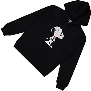 Peanuts Ladies Snoopy Fashion Hoodie - Ladies Classic Snoopy Fleece Sweatshirt Crochet Patch Sweatshirt (Black, Large)