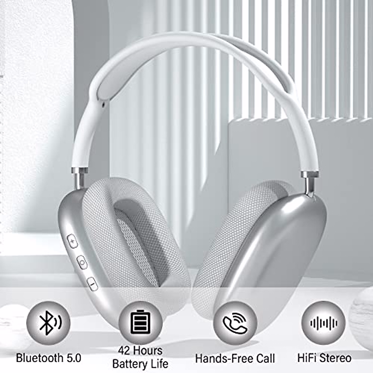 Peakfun Wireless Headphones Over-Ear Bluetooth Adjustable Headphones 42 Hours of Listening Time Volume Control, Fitting in Gaming/Running/Sports Headphones for iPhone/Android/Samsung - Silver