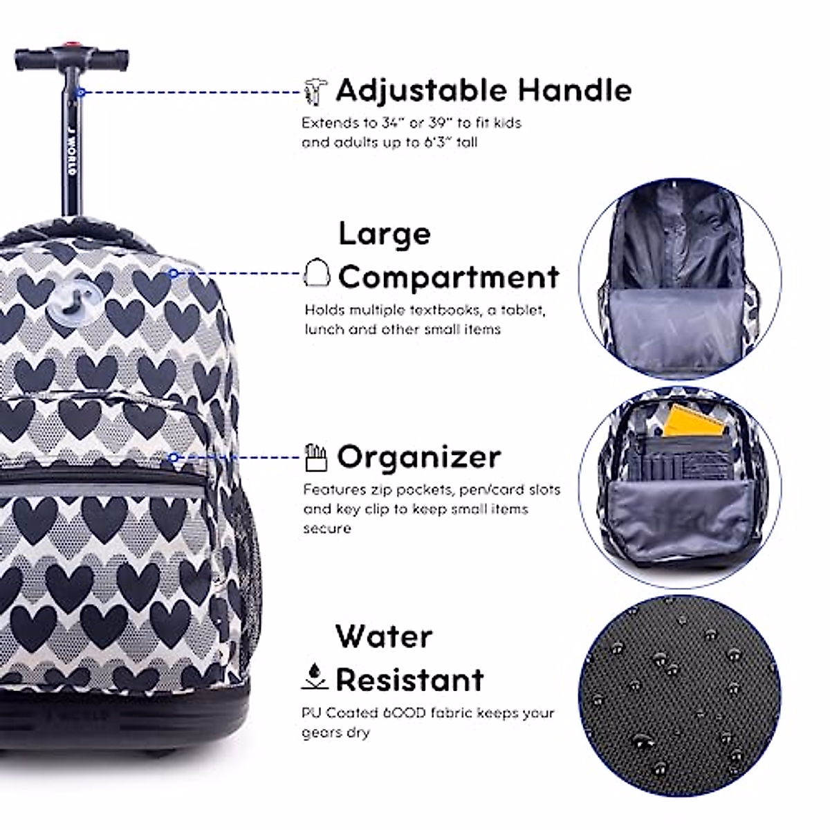J World Sunrise Rolling Backpack. Roller Bag with Wheels, Heart Dot