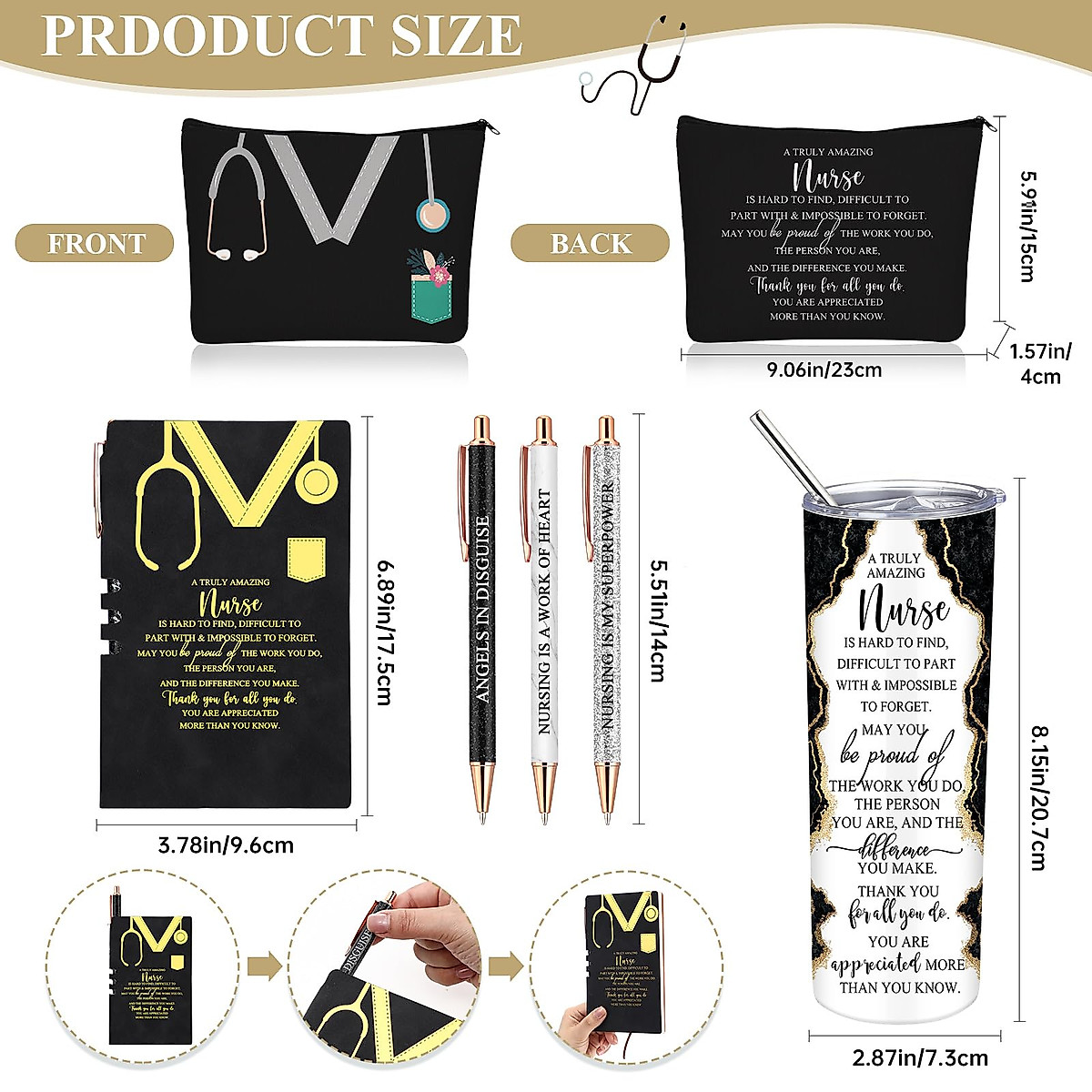 Domensi 6 Pcs Nurse Week Appreciation Gifts for Women Medical Nursing Assistant 20 oz Marble Sign Tumbler Makeup Bag Notepad with Ballpoint Pen for Graduation Nursing Student(Black)