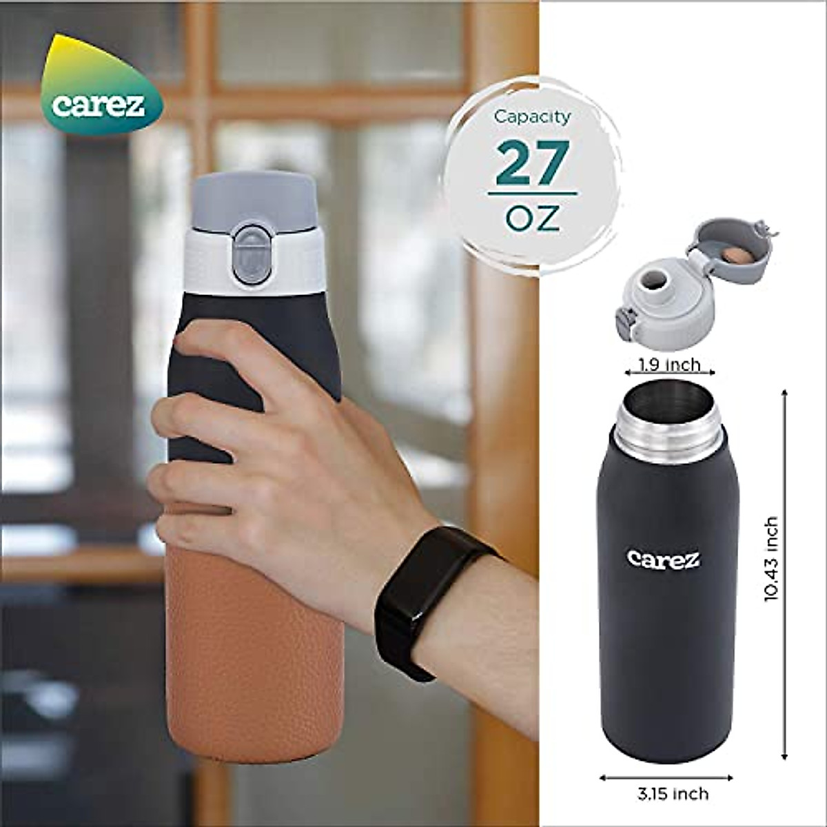 CAREZ SUPERLIGHT Insulated Stainless Steel 100% BPA-Free Leakproof Water Bottle for Office, Gym, Travels with Temperature Retention - Superlight, Anti-slippery, Vacuum Flask (Black Onyx)
