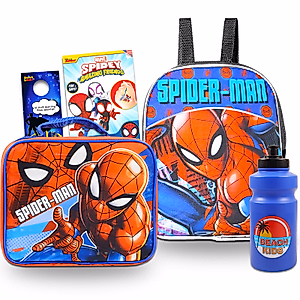 Spiderman Backpack with Lunch Box Set - Bundle with Mini 11" Spidey and His Amazing Friends Backpack, Spiderman Lunch Box, Water Bottle, Temporary Tattoos, More | Spiderman Backpack for Boys 4-6