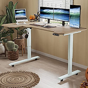 BUNOEM L-Shaped 59" Height Adjustable Electric Standing Desk,Height Stand Up Computer Desk,Sit and Stand Home Office Desk with Splice Board (Oak Top, White Frame)