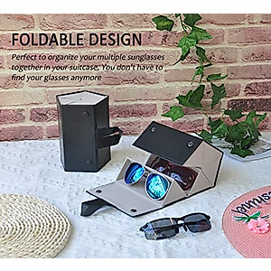 YANLAEH Travel Sunglasses Organizer Case 5 Slot Foldable Leather Multiple Eyeglasses Storage Holder Stand Hard Shell (Black)