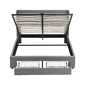 BOVZA Queen Size Lift Upholstered Platform 2 Drawers, Modern Wingback Headboard, Hydraulic Storage Bed Frame, Linen Gray