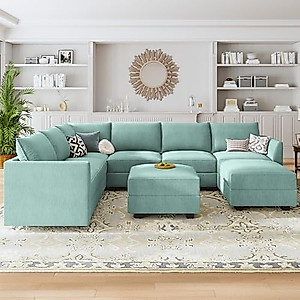 HONBAY Reversible Sectional Sofa Modular Couch U Shaped Sectional Sleeper Sofa with Storage Seats Oversized Sectional Sofa with Wide Chaise for Living Room, Aqua Blue
