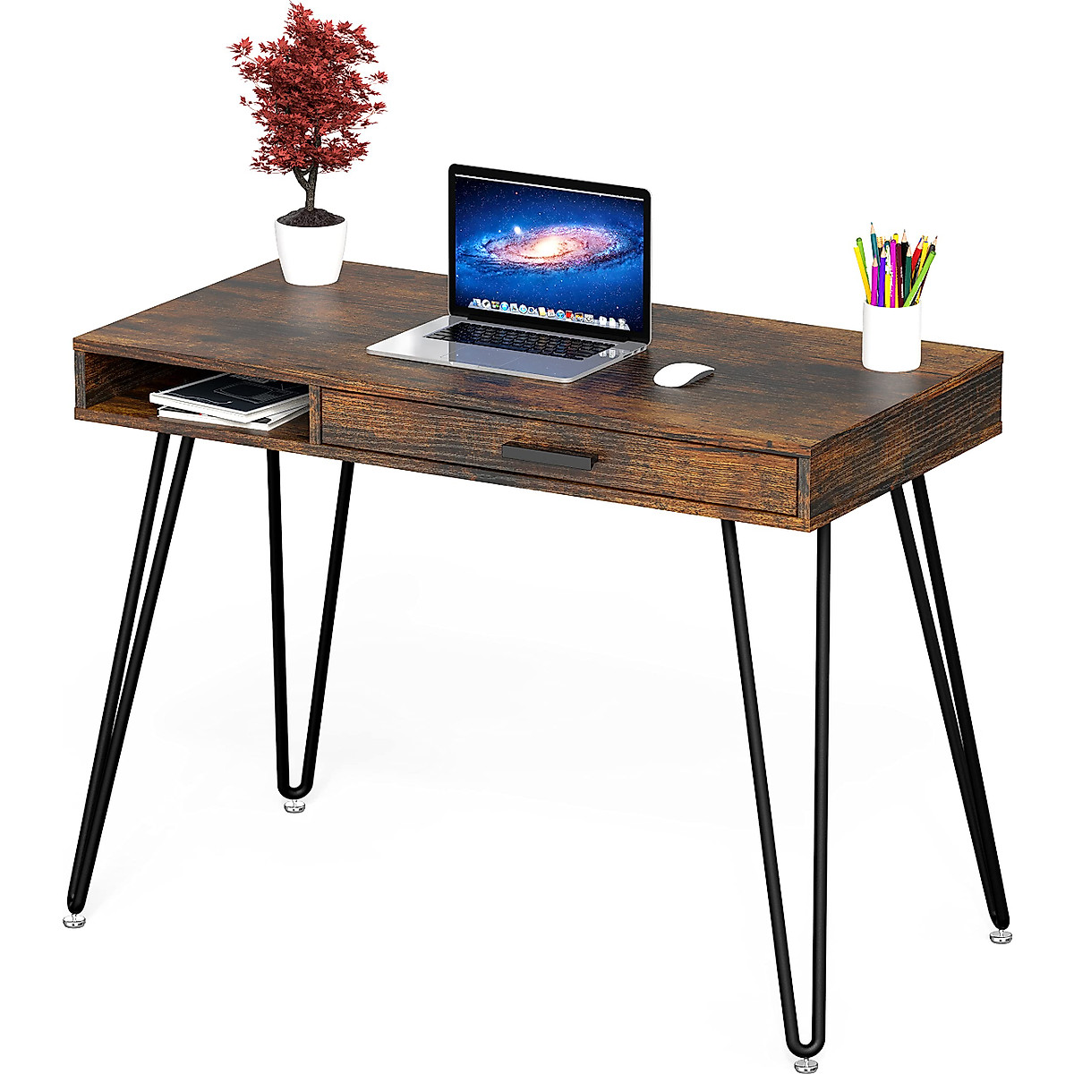 SHW Home Office Computer Hairpin Leg Desk with Drawer, Rustic Brown