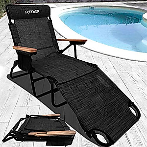 EasyGo Product FLIP Face Down Tanning Chaise Lounge Chair with Face & Arm Holes-4 Legs Support-Textilene Material-6 Position-Arm Head Rest Pillow-Beach or Home Use-PATENTS Pending, Black