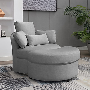 BALUS Modern Swivel Accent Barrel Sofa Chair, with Half Moon Storage Ottoman, Linen Fabric Leisure Round Chair,Sofa Lounge Chair with 3 Throw Pillow for Living Room Hotel/Club (Light Grey)