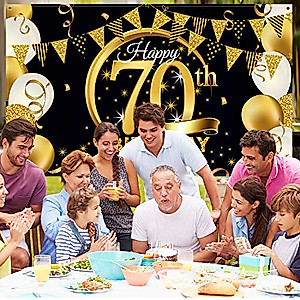 Birthday Party Decoration Extra Large Fabric Black Gold Sign Poster for Anniversary Photo Booth Backdrop Background Banner, Birthday Party Supplies, 72.8 x 43.3 Inch (70th)