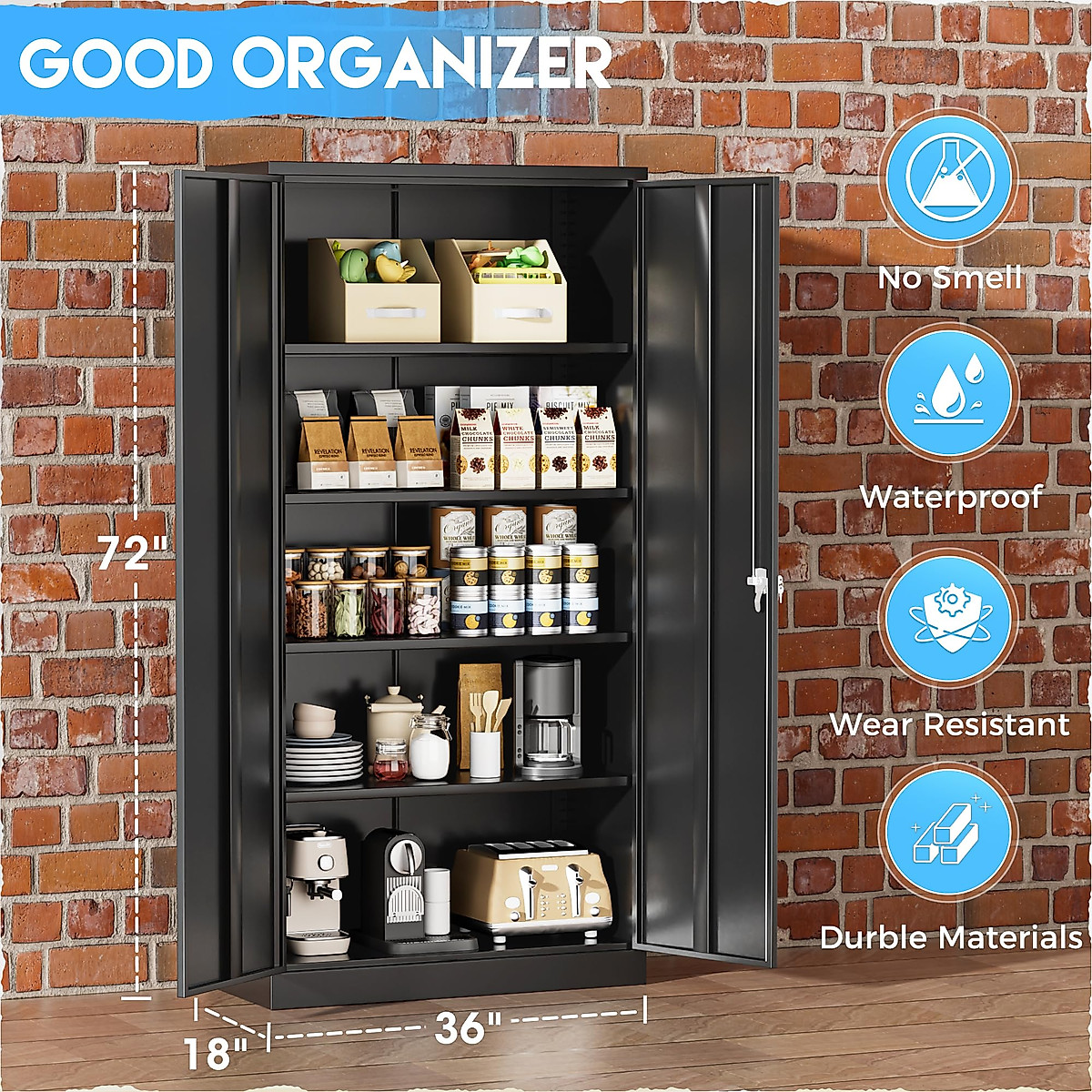 Greenvelly Metal Storage Cabinet, 72” Black Locking Storage Cabinets for Home Office Steel Filing Cabinet with Doors and Adjustable Shelves, Lockable Metal Tool Storage Cabinet for Garage, Business