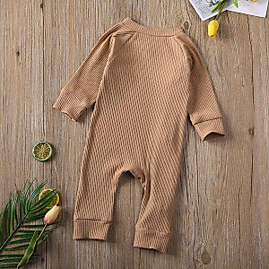 iddolaka Newborn Baby Boy Girl Long Sleeve Zipper Romper Bodysuit Jumpsuit Playsuit One Piece Outfit Fall Winter Clothes(Z-Long Sleeve Fall Romper Khaki, 0-3 Months)