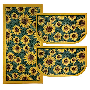 Kashi Home Kitchen Rug, Printed Area Rug, Durable Floor, Door Mat, Farmhouse Non-Slip Carpet Latex Backing Beautiful Design Sunflower 3pc Set (2 18x30 D Shape & 1 20x40)
