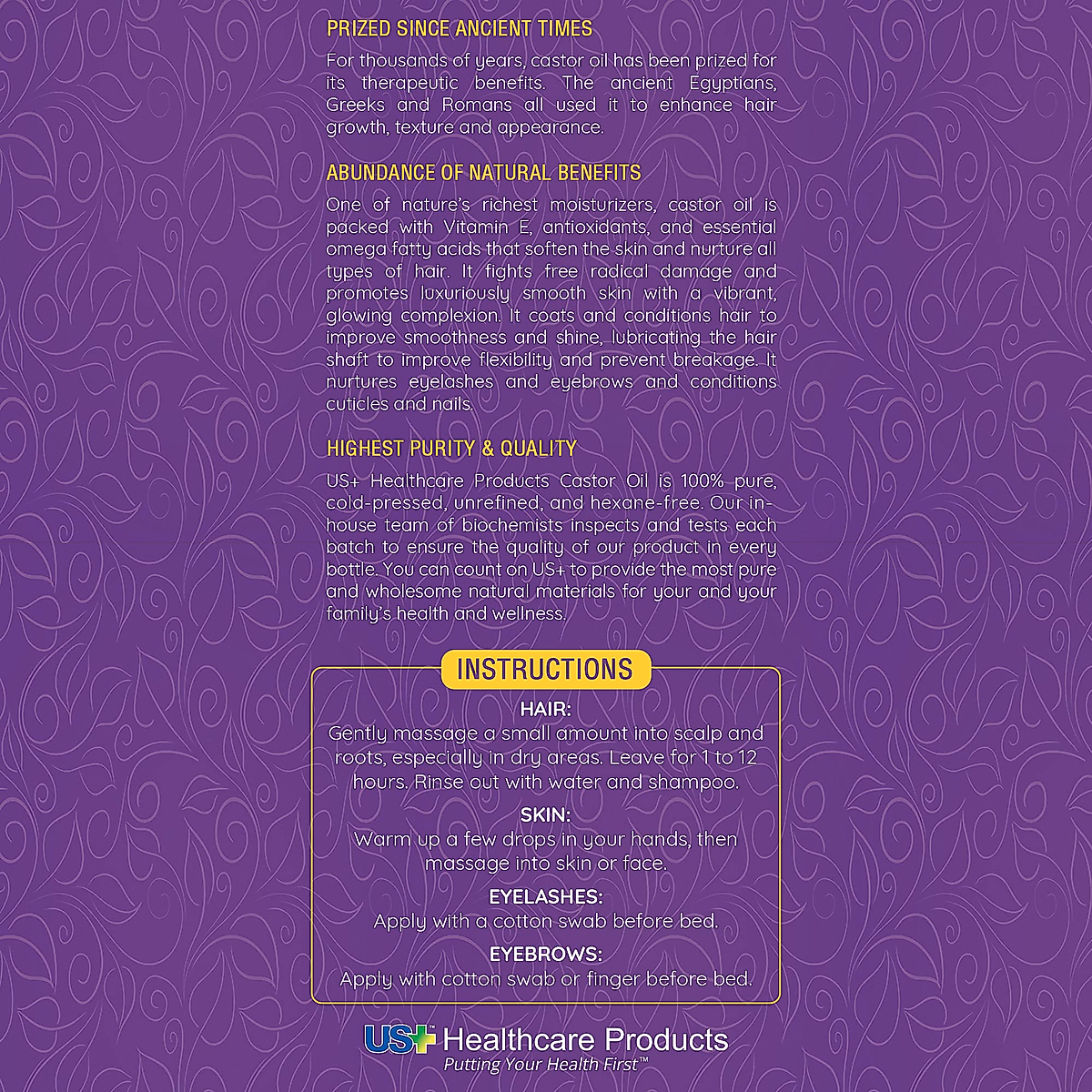 US+ 10oz 100% Pure Castor Oil - Cold-pressed, Unrefined, Hexane-free - USP Grade - Premium Quality for Healthy Skin & Hair