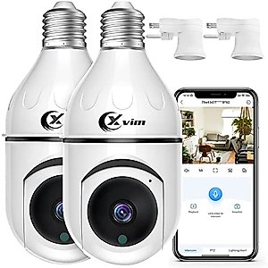 XVIM 2 Pack 3MP Light Bulb Security Camera, 2.4Ghz WiFi Wireless Home Light Bulb Camera, 360° View Lens HD Night Vision, Human Detection & Alarm, 2-Way Audio
