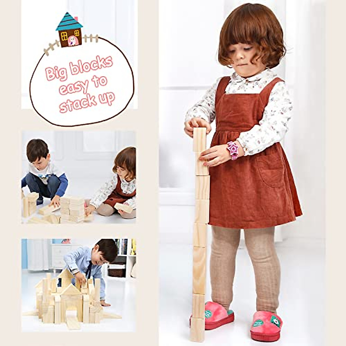 Onshine Large Wooden Blocks for Toddlers 1-3, 64 Pieces Big Wood Building Blocks Set with Wooden Storage Box, Large Toddler Blocks Building and Stacking Toys Construction Set