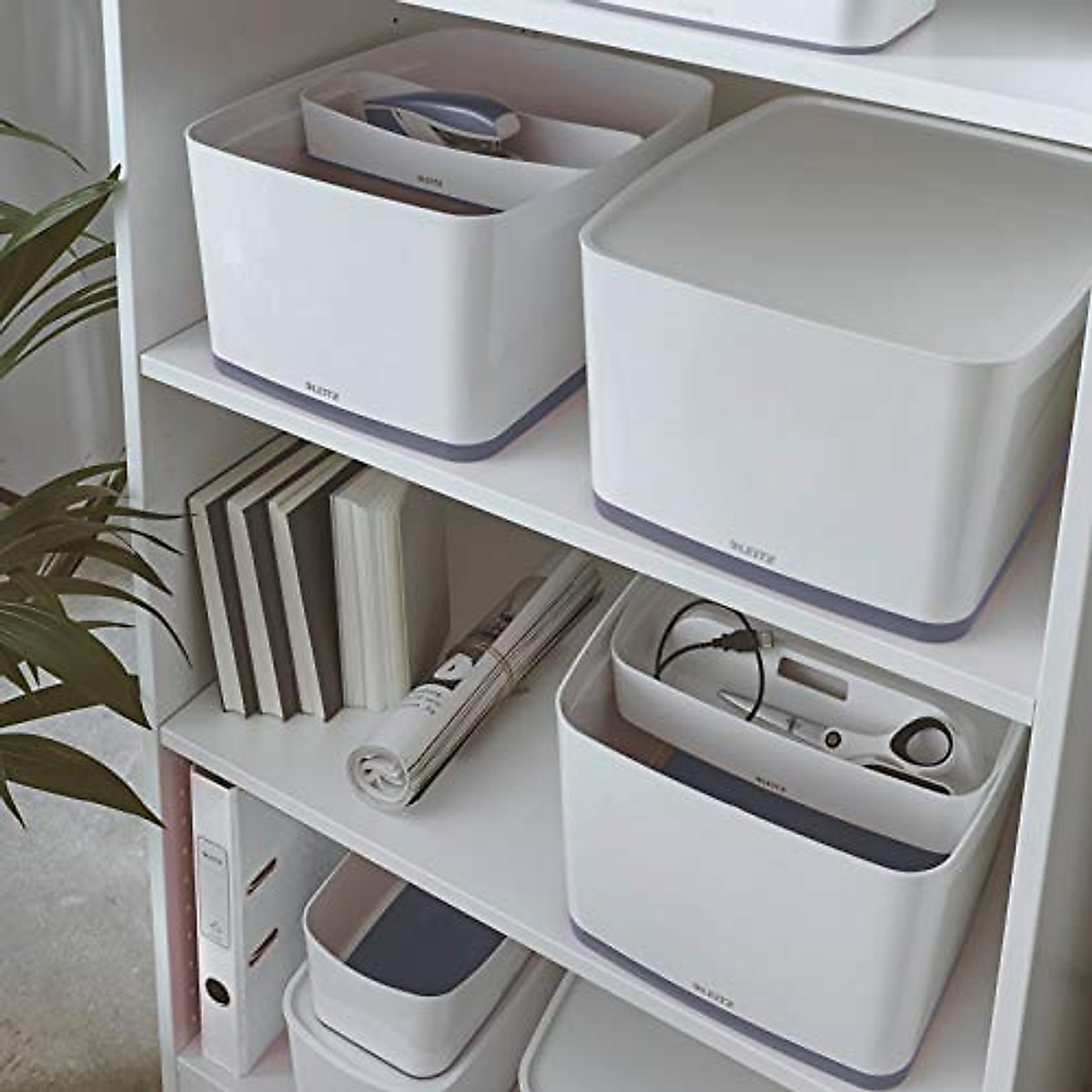 Leitz Large MyBox with Lid, Storage Box for Home and Office, High Gloss Plastic,18 Litre, A4, White/Grey