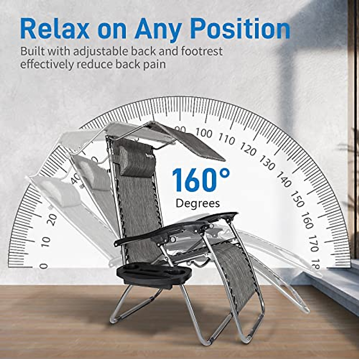 Bonnlo Zero Gravity Chair with Canopy Shade Patio Sunshade Lounge Chair, Folding Chair with Canopy Reclining Canopy Chairs with Cup Holder and Headrest for Beach Garden (Grey)