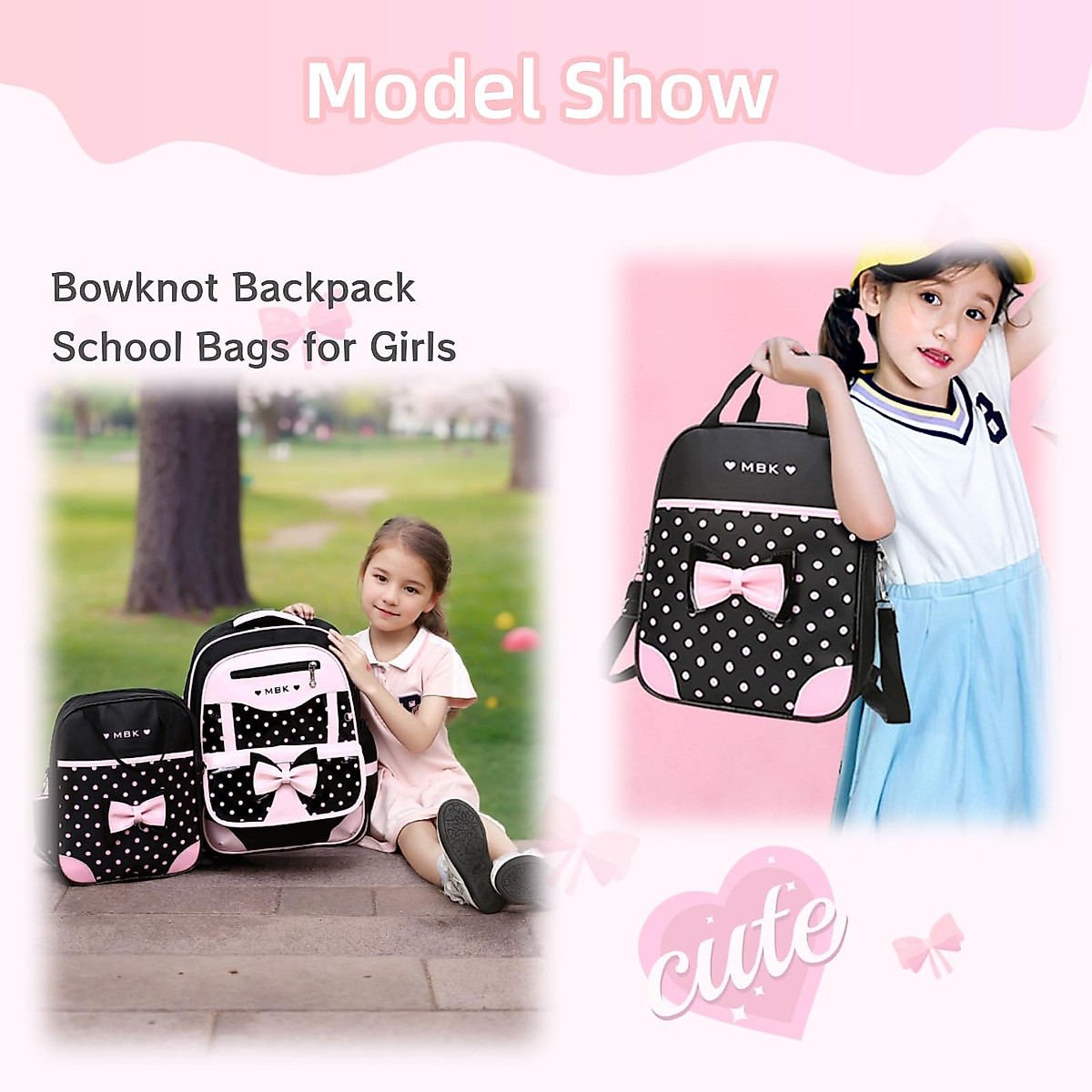 LANSHIYA 2Pcs Princess Bow Girls Backpack 2-Piece Elementary School Bag Kids School Travel Bag Set