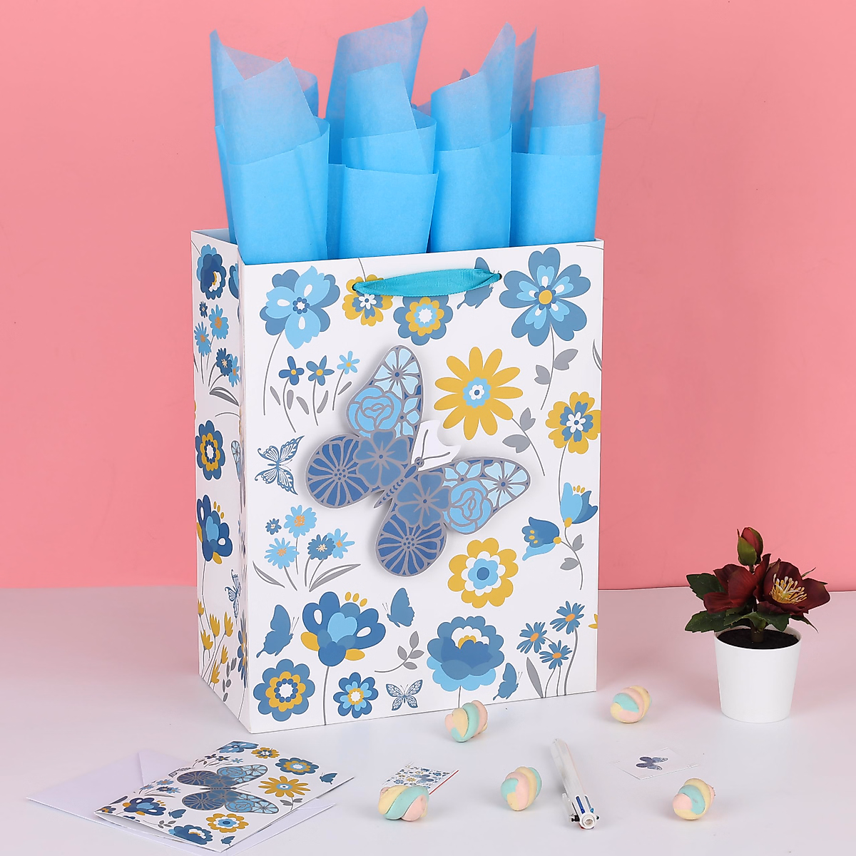 13" Large Turquoise and Yellow Gift Bag Set with Greeting Card and Tissue Paper(3D Butterfly) for Celebrating Birthdays, Baby Shower, Mother's Day, Weddings, Anniversary, Valentine's Day - 10.2”x5.2”x13”, 1 Pcs.