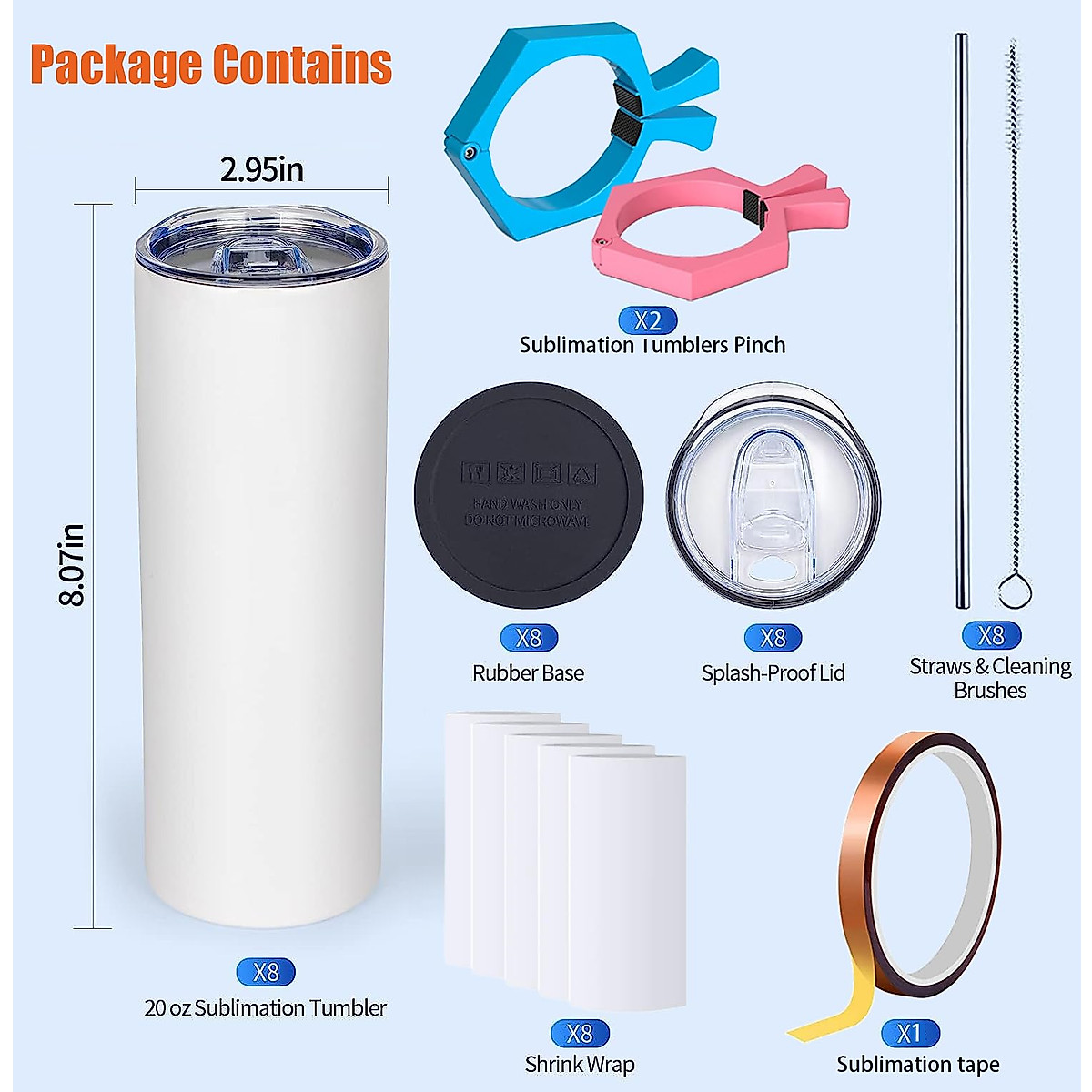 Sublimation Tumblers bulk 20 oz Skinny,8 Pack Stainless Steel Double Wall Insulated Straight Sublimation Tumbler Cups Blank White with Lid,Individually Box,heat tape,Sublimation Tumblers Pinch