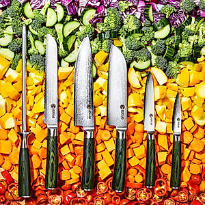 HexClad 7 Piece Knife Set - 6 Piece Damascus Essential Knife Set & Magnetic Knife Block, Comes with Chef's, Santoku, Bread, Utility and Pairing Knife and Walnut Knife Block