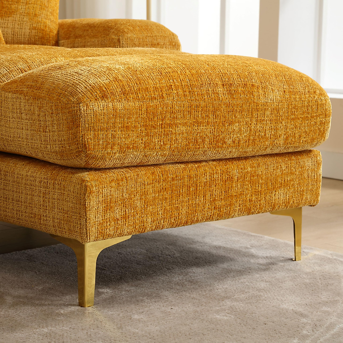 LUCKHAO Modern Large Sectional Sofa with 2 Chaises Lounges, U-Shaped Sectional Couch, Metal Legs, Comfy Deep 4 Seats Upholstered Living Room Furniture(Yellow)