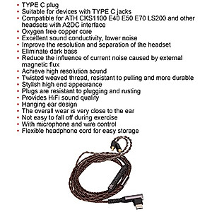 Eulbevoli Earphone Upgrade Cable, HiFi Headphone Wire OFC Core Wire Control Tensile with Mic for E50 for LS300 for ATH