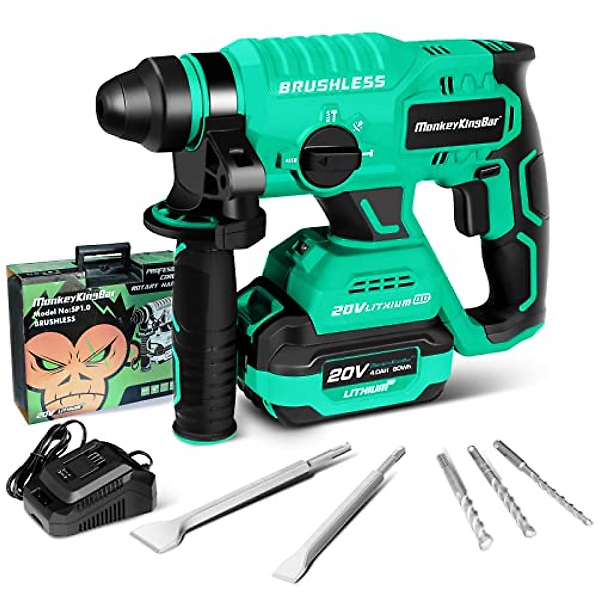 Monkey King Bar-SDS PLUS Coreless Brushless Rotary Hammer Drill 20V 2.2J Power- Li-ion Battery Faster Charge & 4 Modes and Variable-Speed with 1/2 Inch Chuck